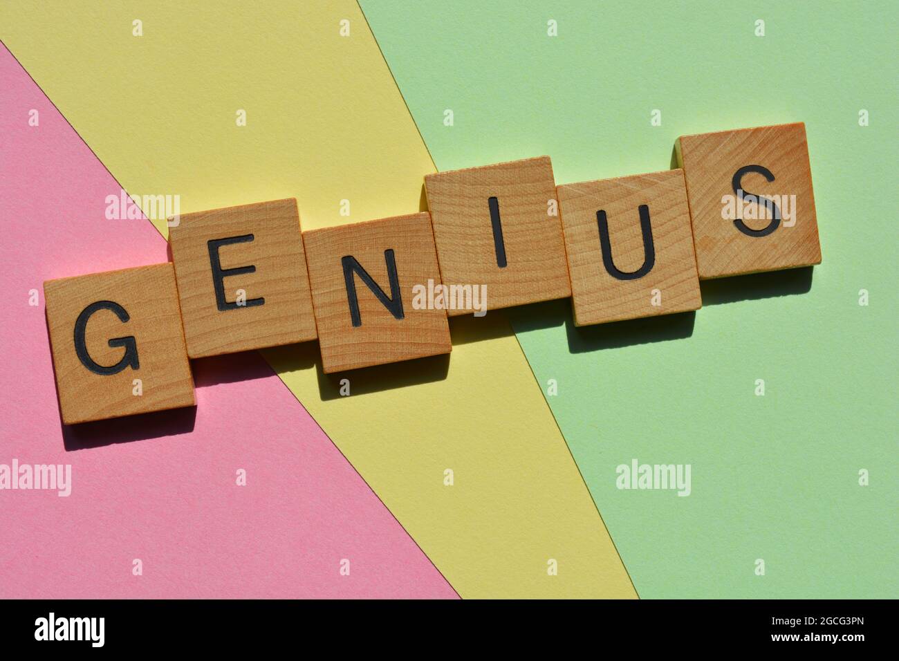 Genius, word in wooden alphabet letters isolated on pastel colour ...