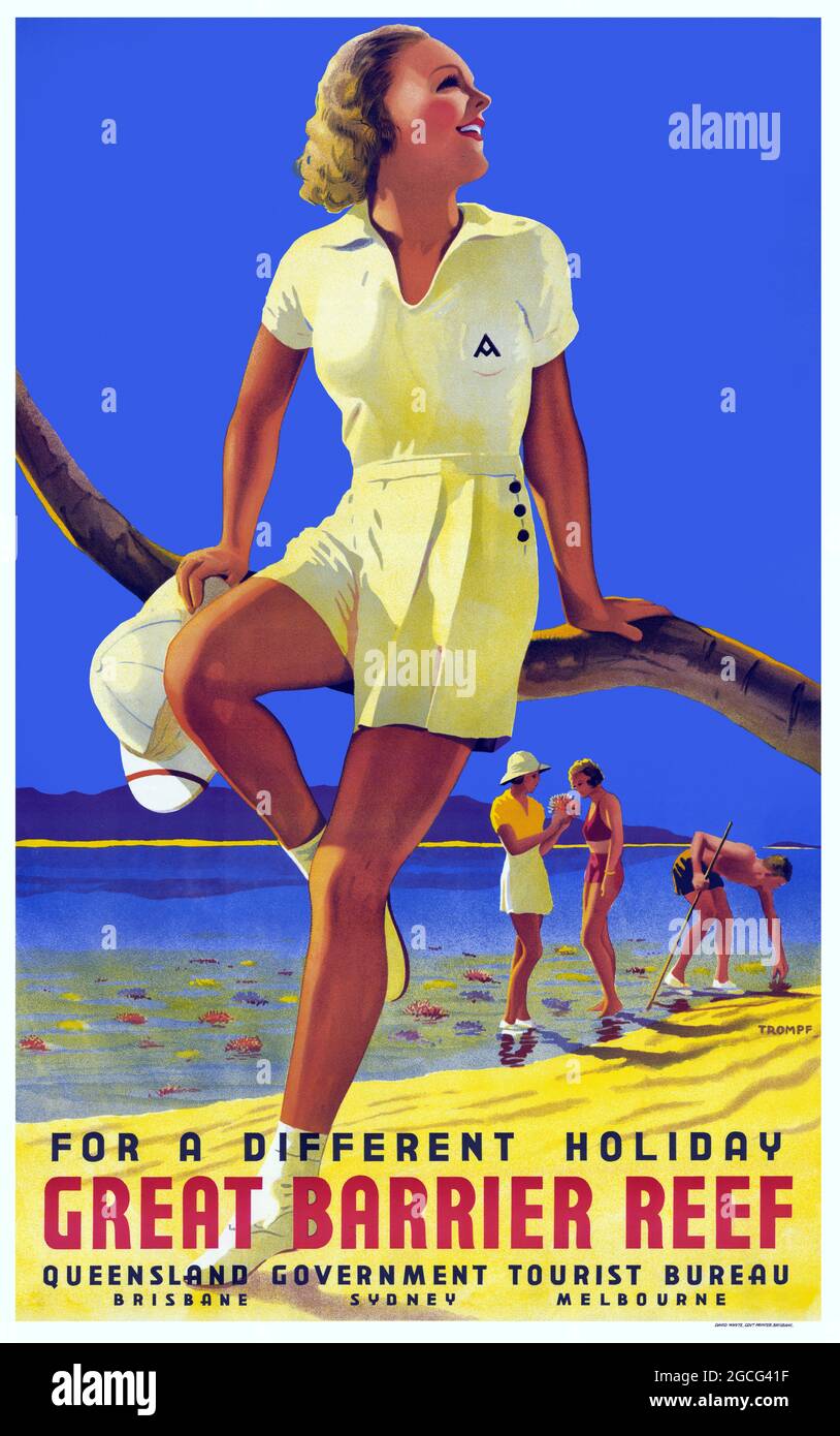 For a Different Holiday, Great Barrier Reef, 1939. A woman sitting on a ...