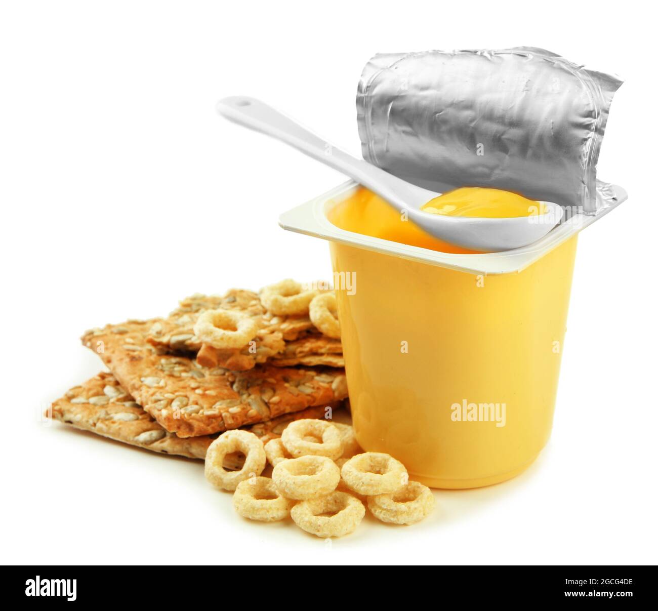 Tasty yogurt in open plastic cup isolated on white Stock Photo - Alamy