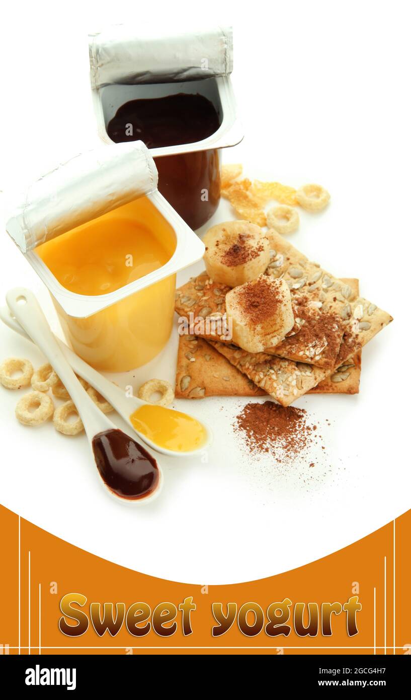 Tasty desserts in open plastic cups and honey combs, cookies, isolated ...