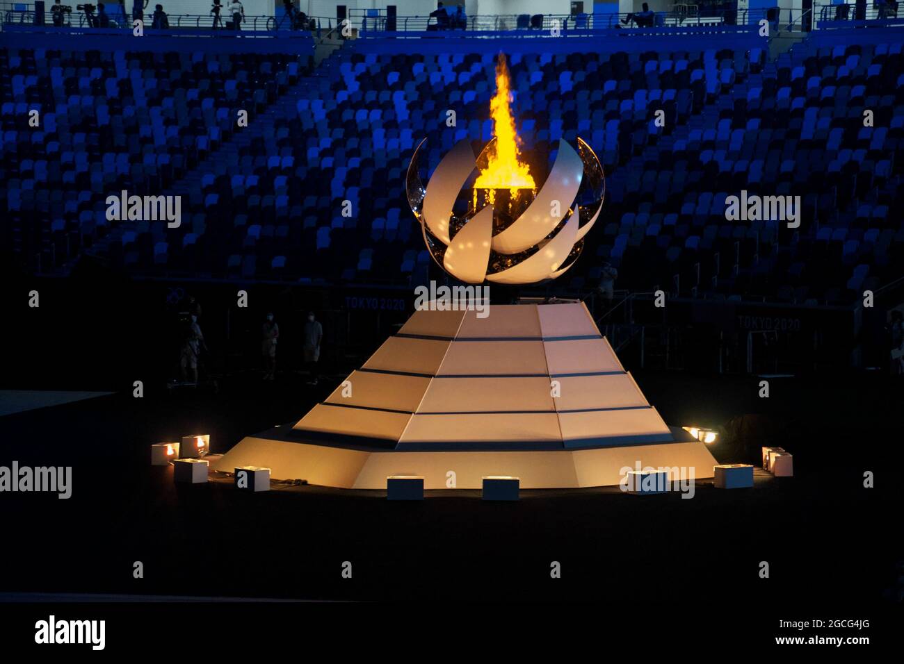 Tokyo, Japan. 08th Aug, 2021. Olympic flame cauldron is seen burn ...
