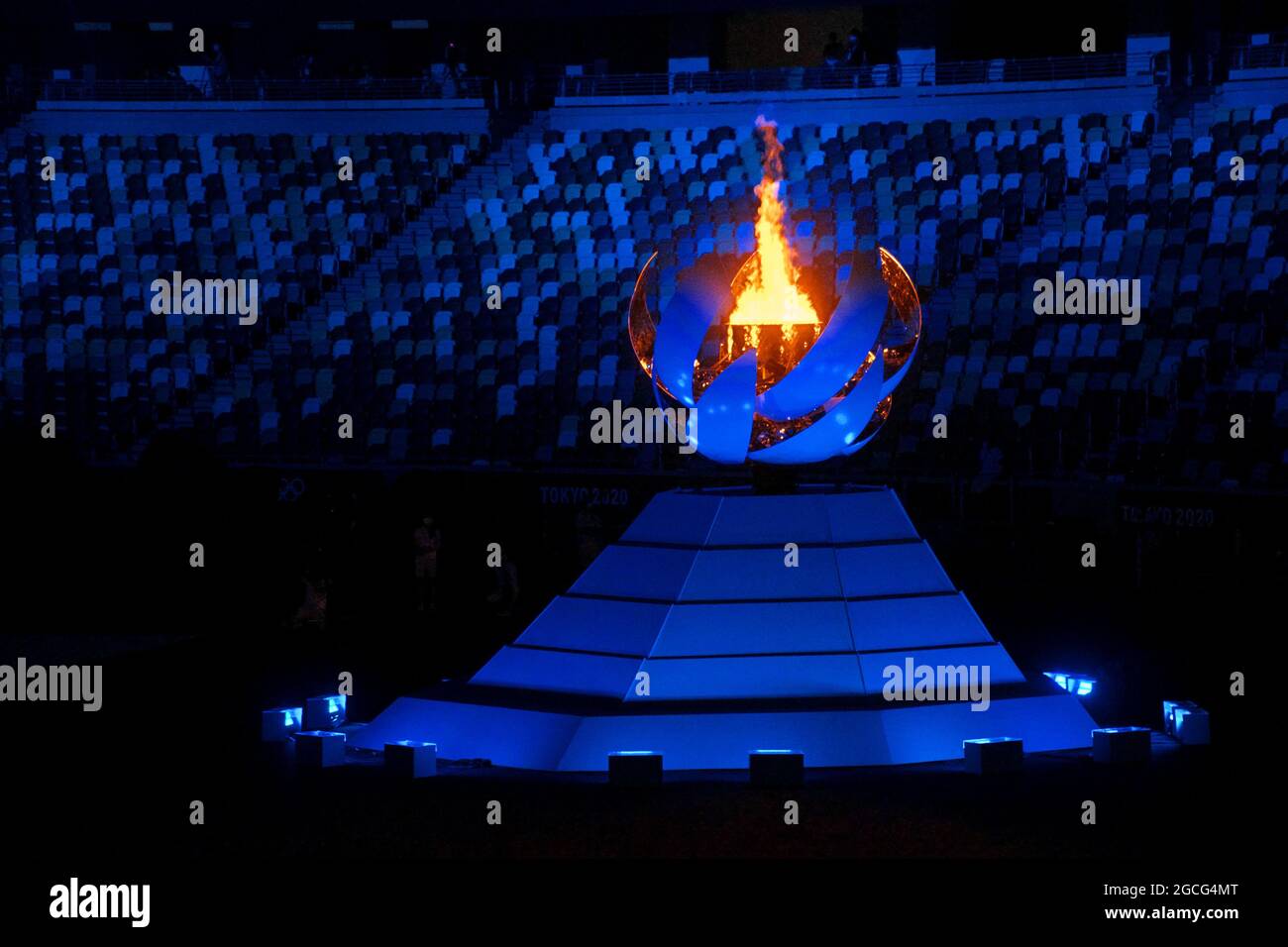 Tokyo, Japan. 08th Aug, 2021. Olympic flame cauldron is seen burn ...