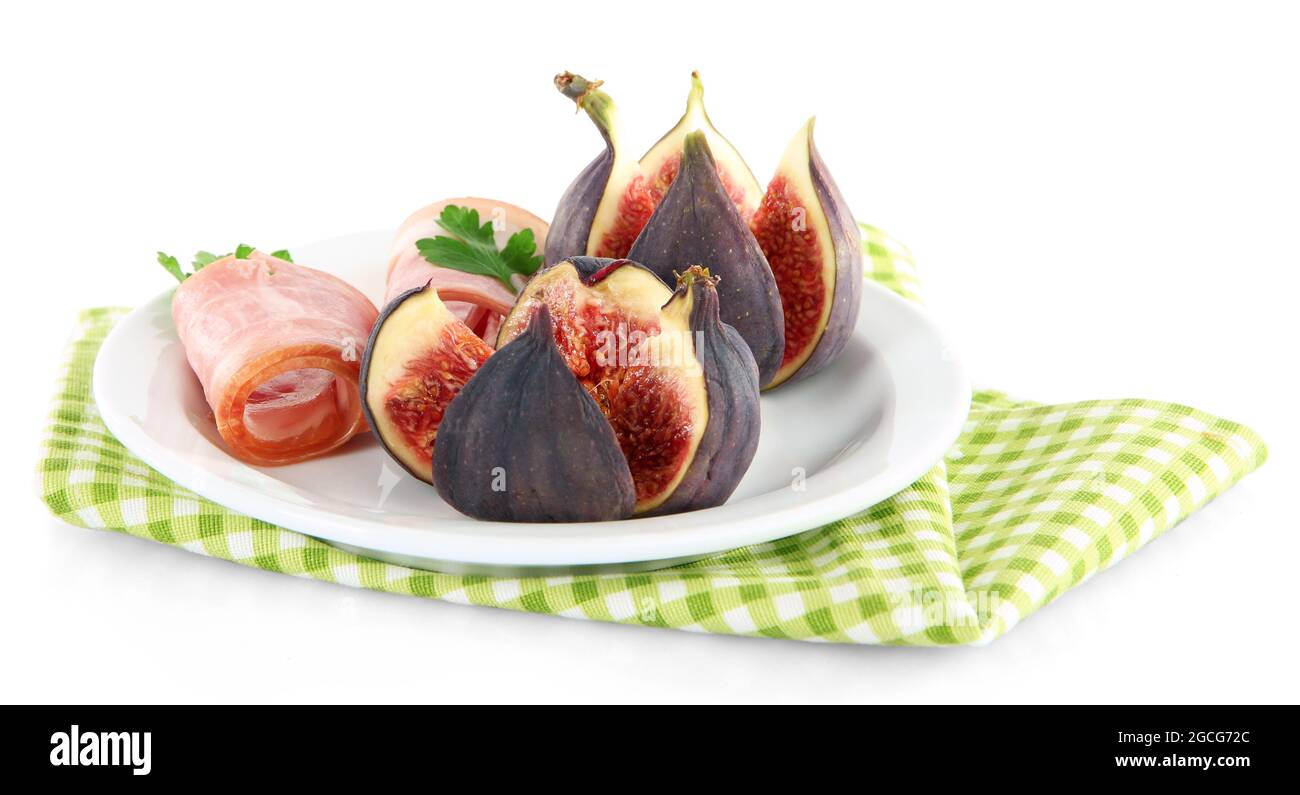 Tasty figs with ham, isolated on white Stock Photo - Alamy