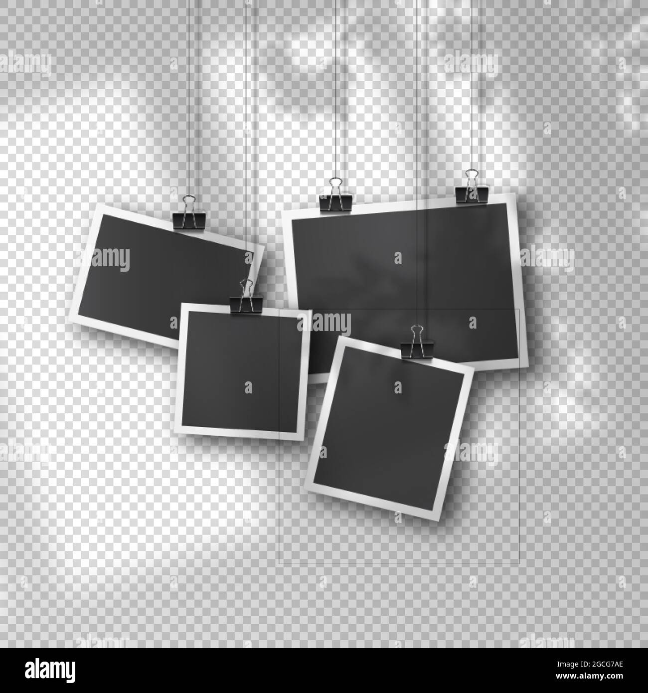 Hanging photo set in vintage style on soft transparent background Stock ...