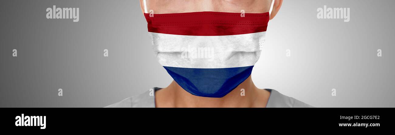 Netherlands Coronavirus face mask banner. Dutch flag print on doctor ...