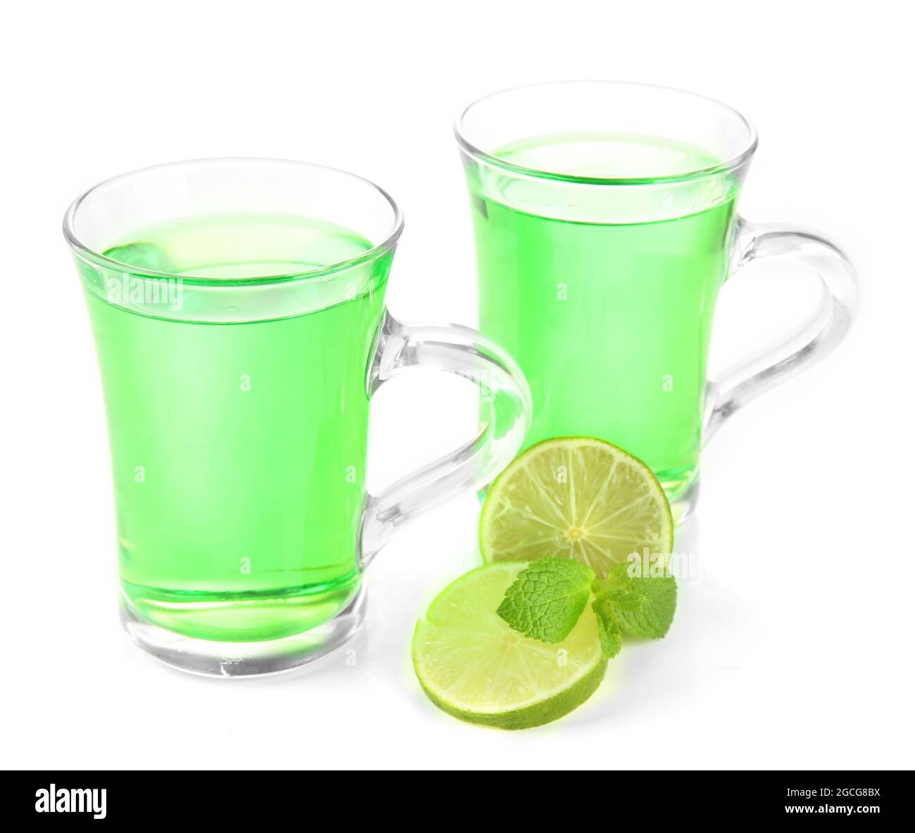 Two transparent cups of green tea with lime isolated on white Stock ...