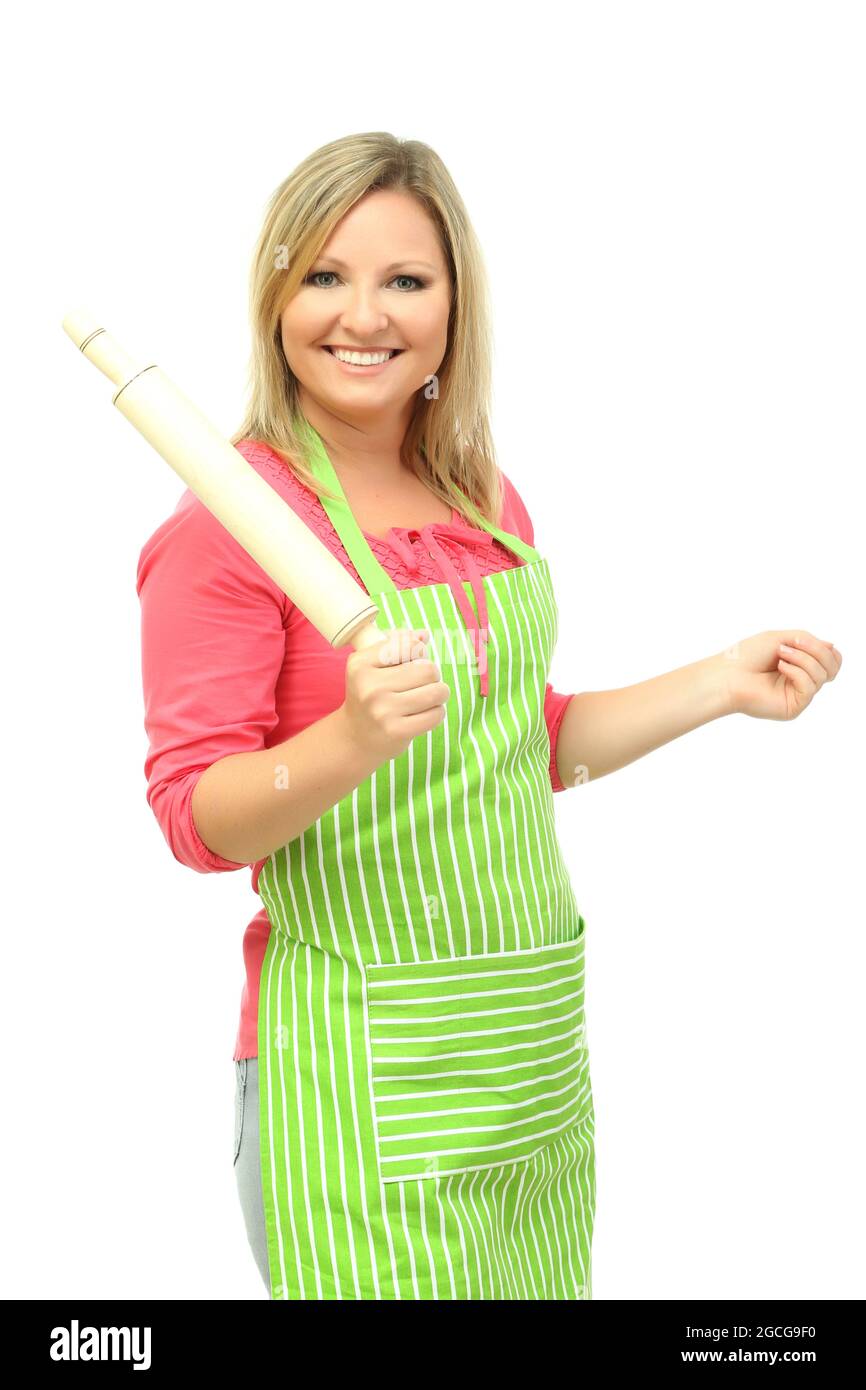 Woman with rolling-pin, isolated on white Stock Photo - Alamy