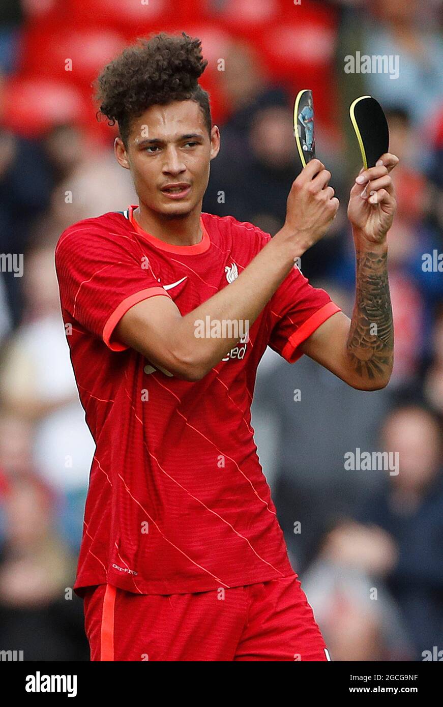 Liverpool, UK. 8th Aug, 2021. Rhys Wiliams of Liverpool with his shin ...