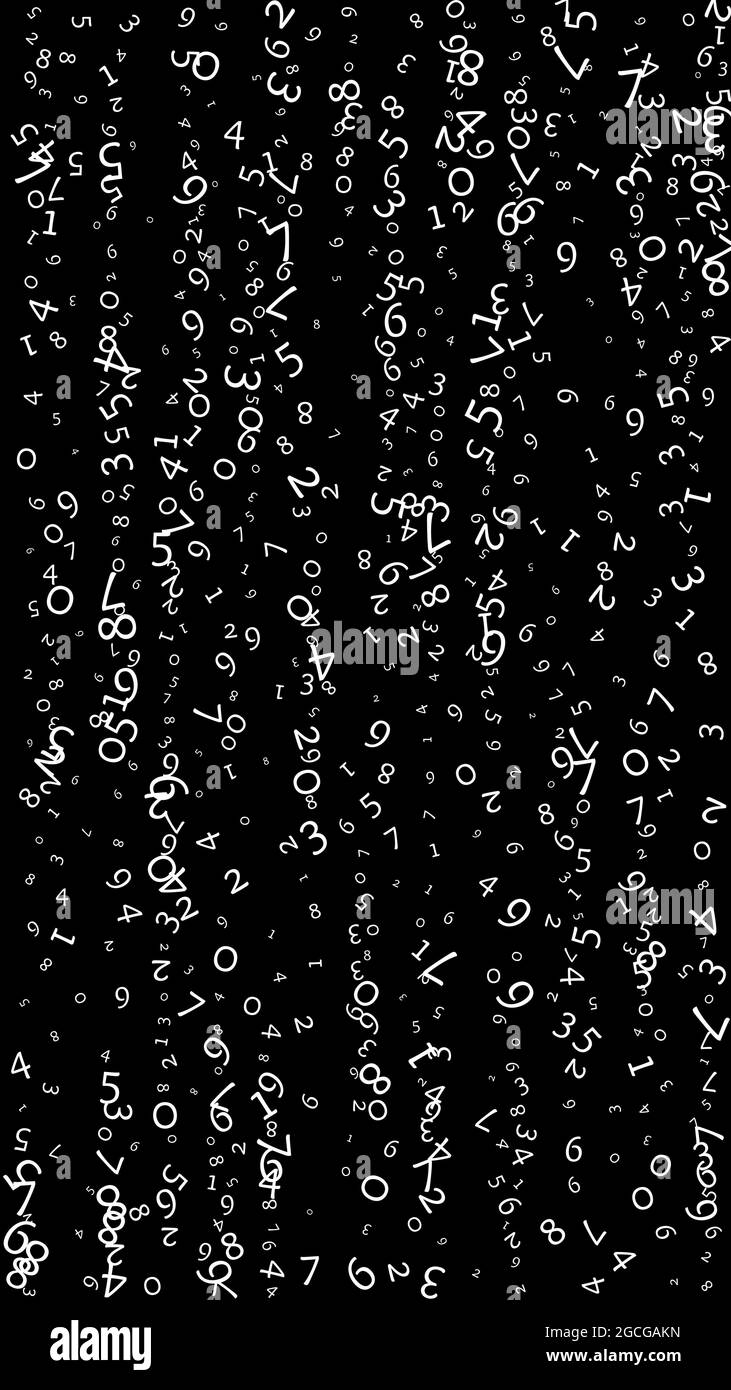 Falling numbers, big data concept. Binary white messy flying digits ...