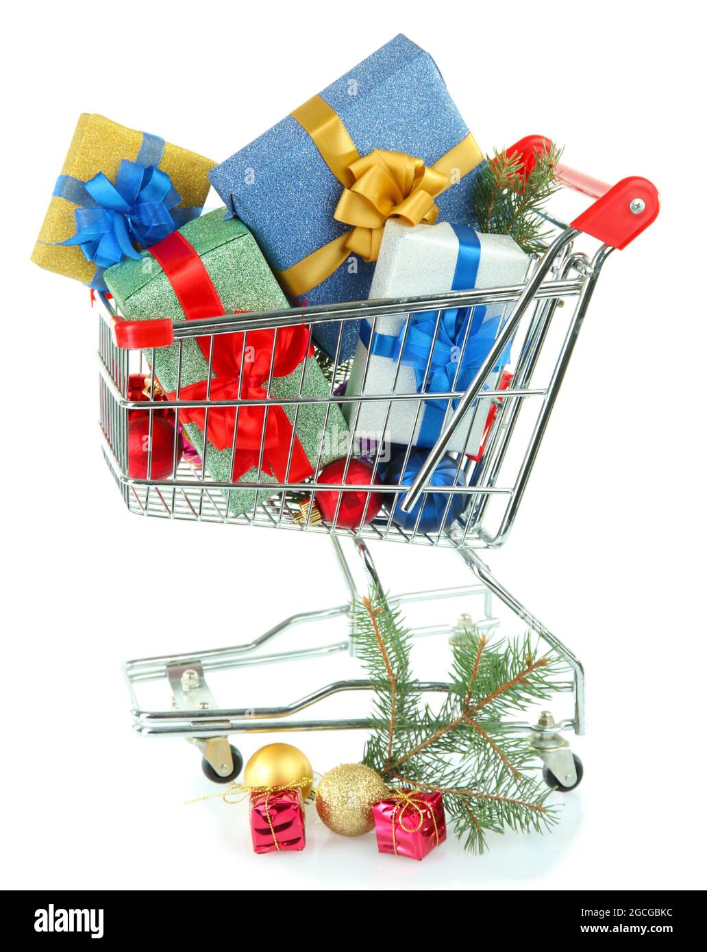 Christmas gifts in shopping trolley, isolated on white Stock Photo - Alamy