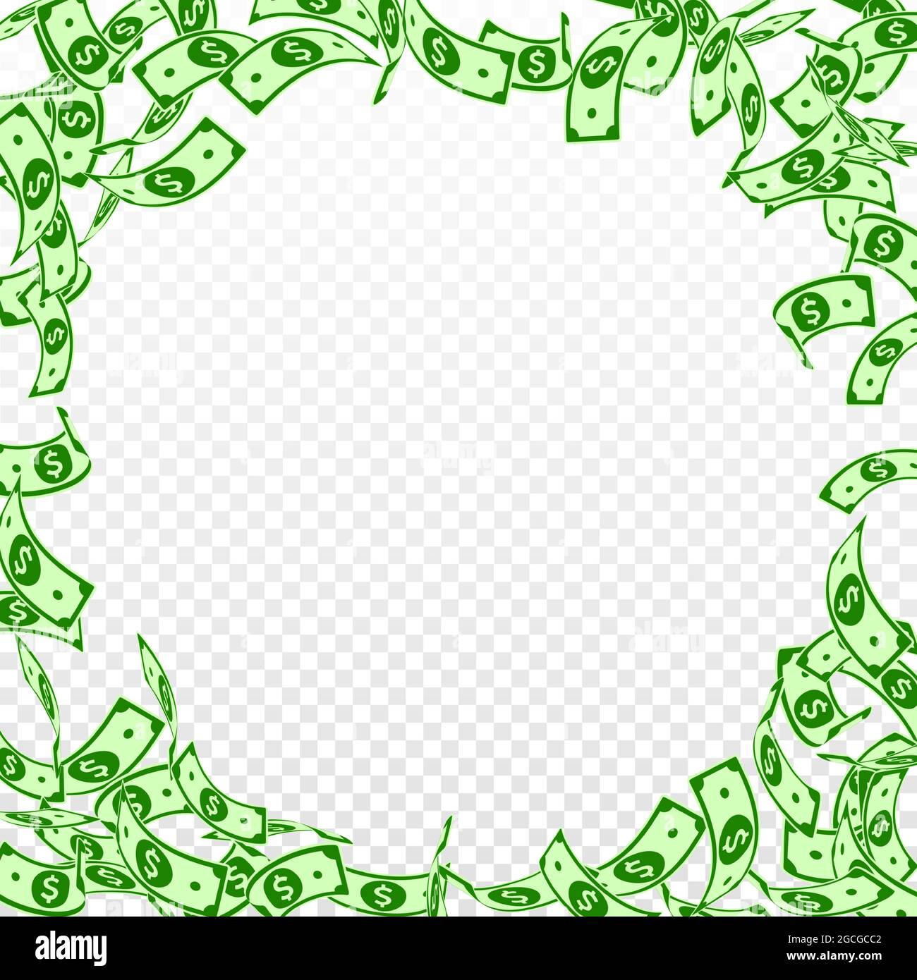 American dollar notes falling. Floating USD bills on transparent ...