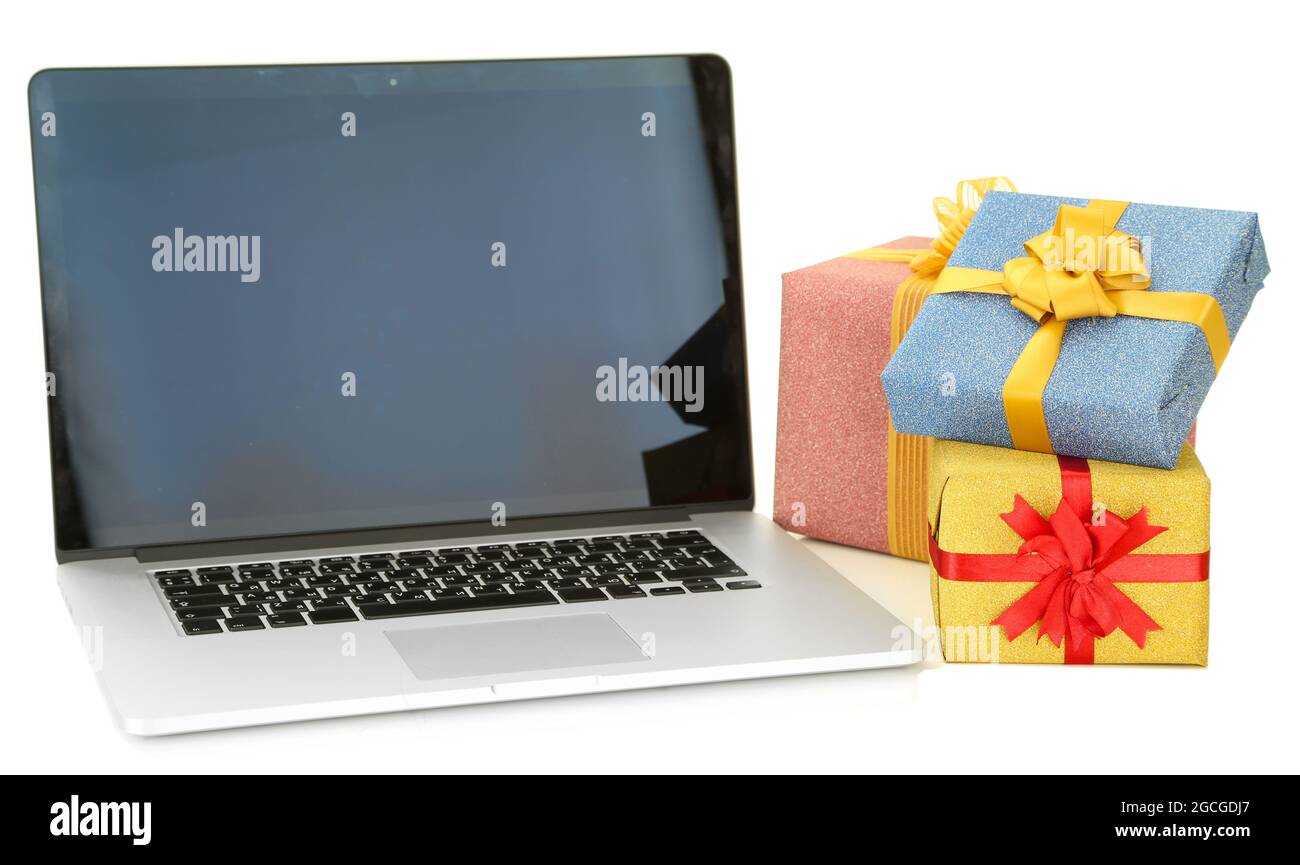 Modern notebook and gift boxes, isolated on white Stock Photo - Alamy