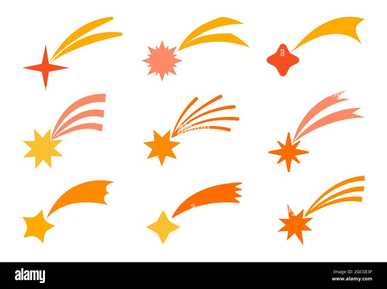 Comet sticker label flat style set. Celestial object rising stars with ...