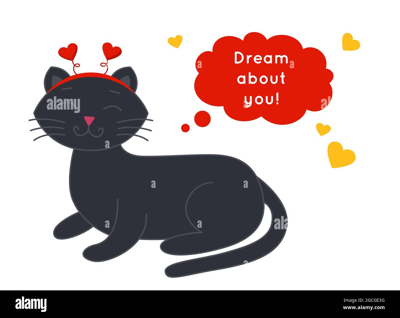 Cat in a hoop on his head with hearts in a cute cartoon style lies with ...