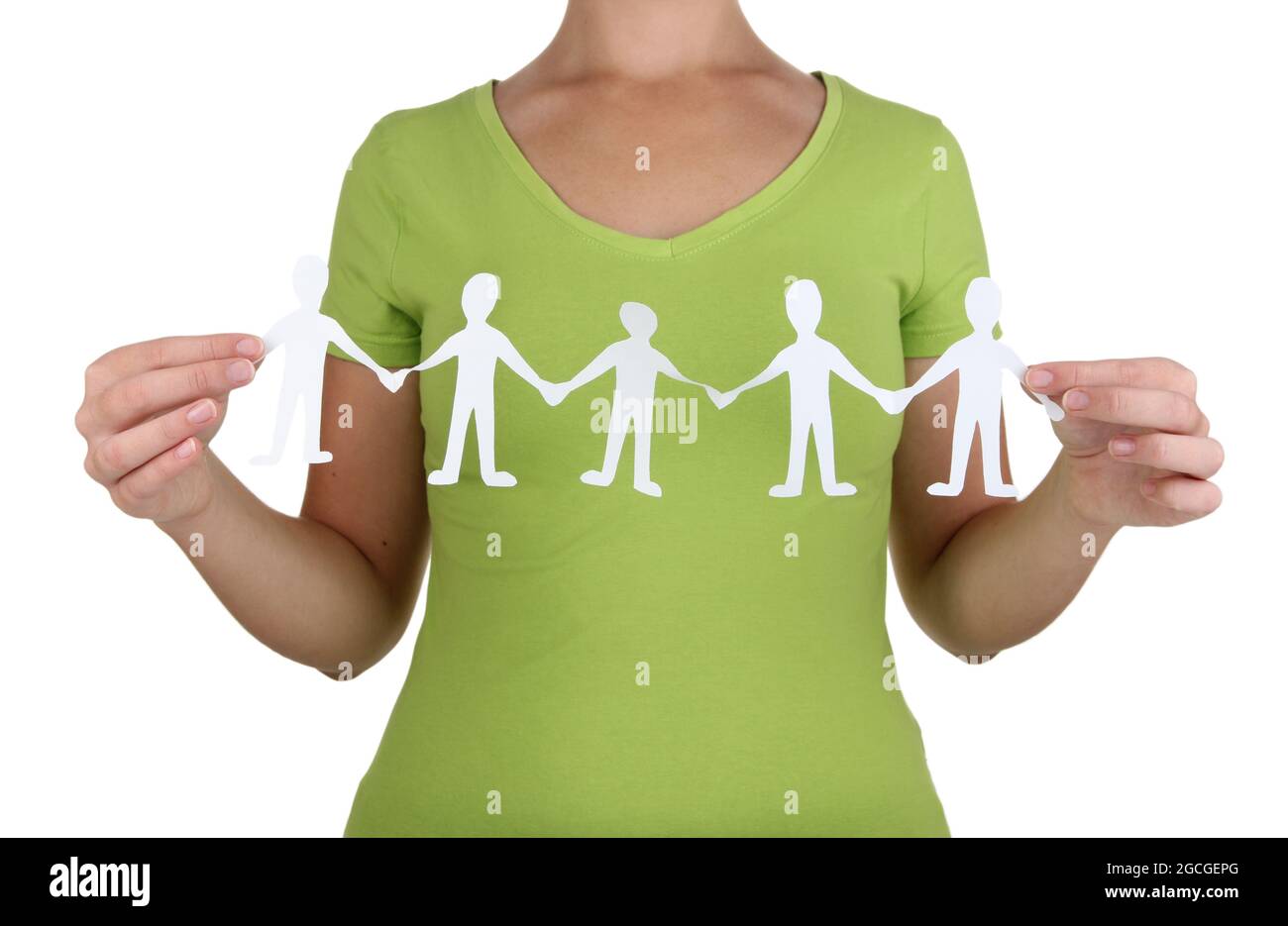 Paper people in hands isolated on white Stock Photo - Alamy