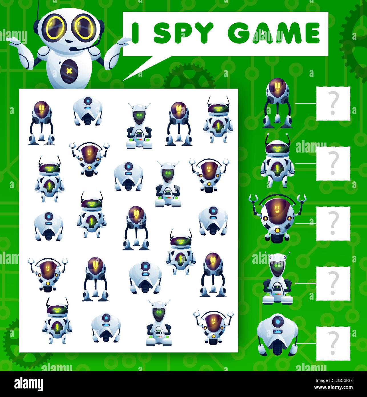I spy riddle game, cartoon robots kids vector task, education puzzle ...