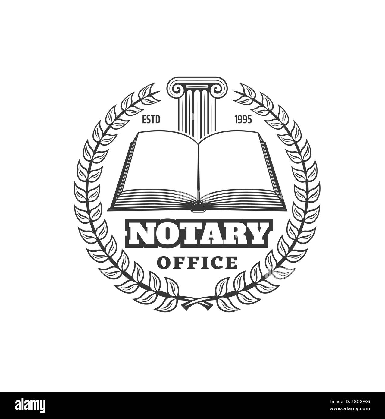 Notary office icon, law firm monochrome emblem. Vector opened law book ...