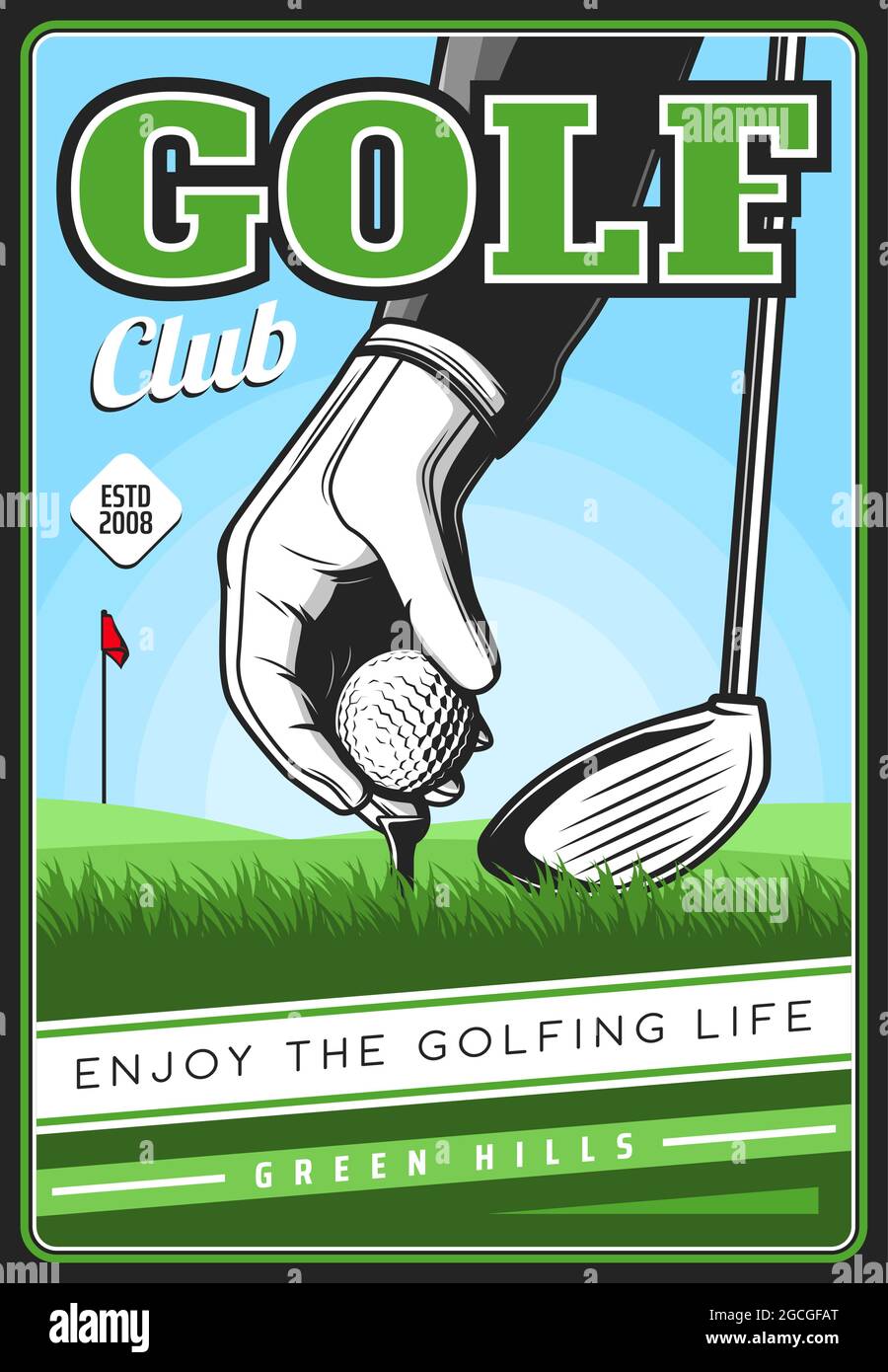 Golf club poster, golfing sport vector retro card with hand in glove ...