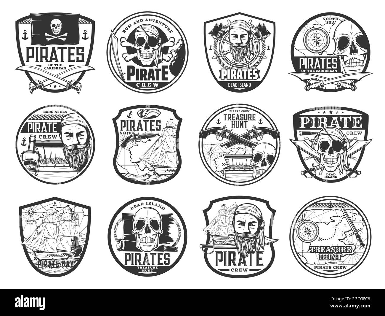 Caribbean pirate and corsair isolated icons with vector pirate captain ...