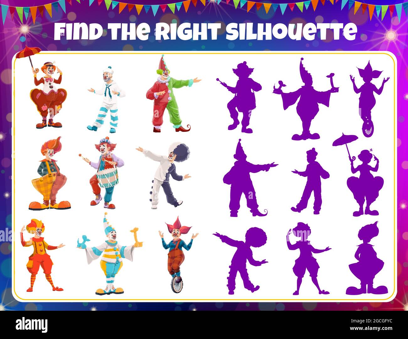 Shadow match game, circus clowns silhouettes, kids puzzle boardgame ...
