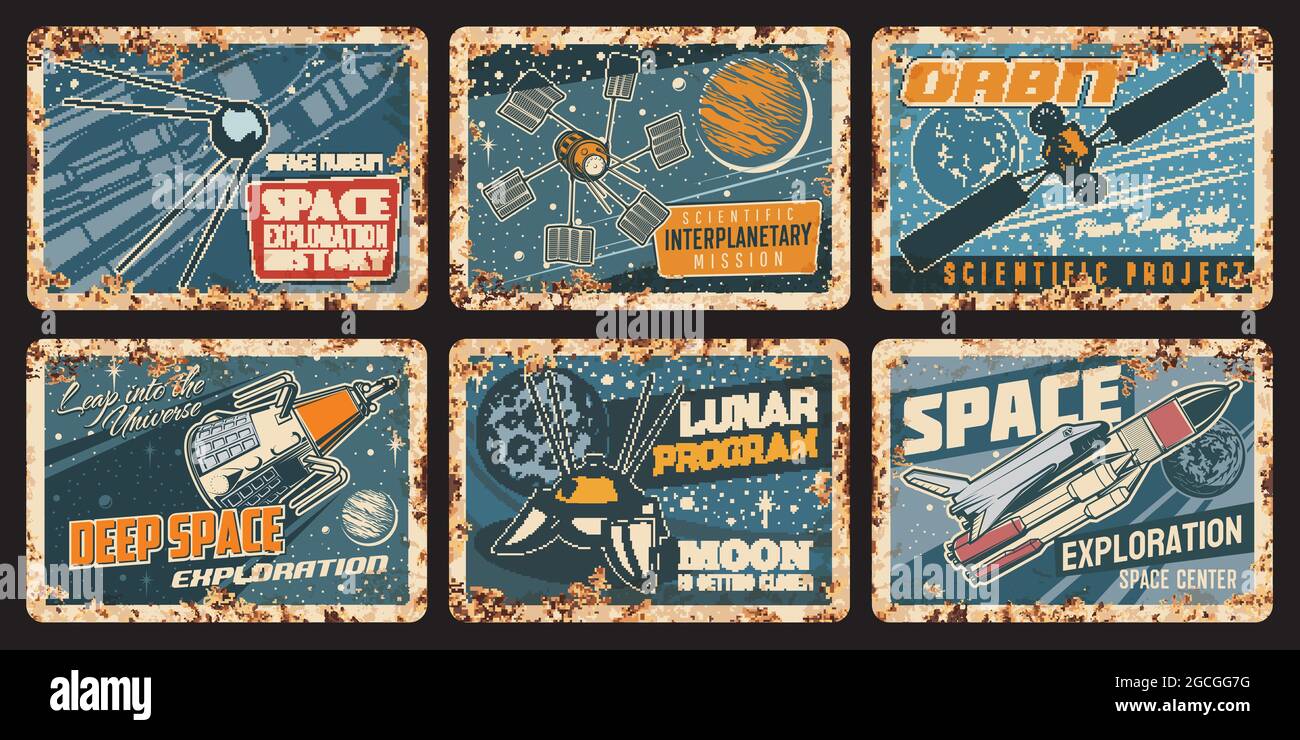 Spaceships and satellites rusty plates. Outer space exploration vector ...