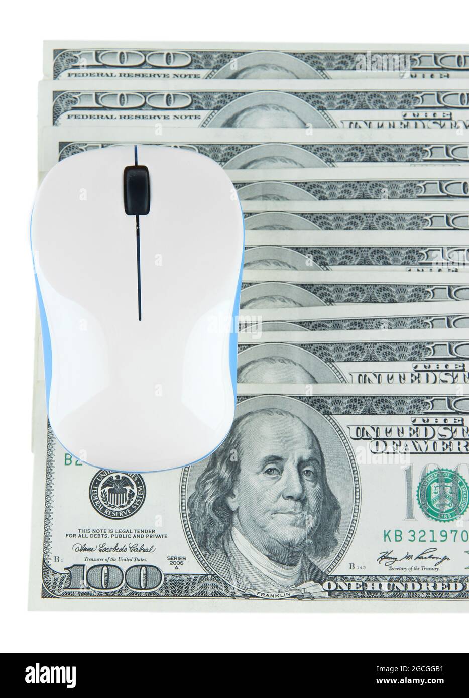 Computer mouse on dollars isolated on white Stock Photo - Alamy