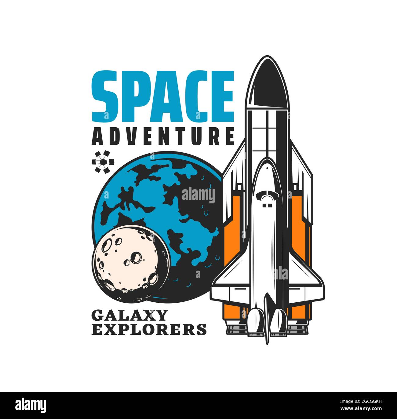 Galaxy explorer icon, rocket spaceship launch to space exploration ...