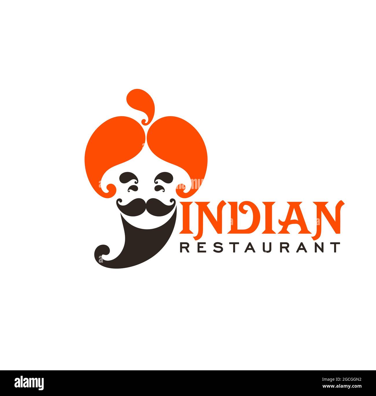 Indian cuisine restaurant icon. Vector chef with orange turban, black ...