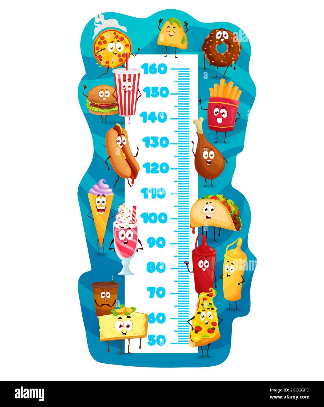 Kids height chart with cartoon fast food characters, vector growth ...