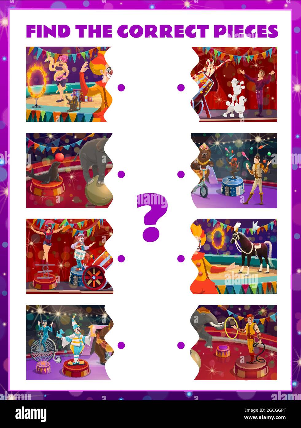 Find correct pieces of circus characters kids game. Match the halves ...