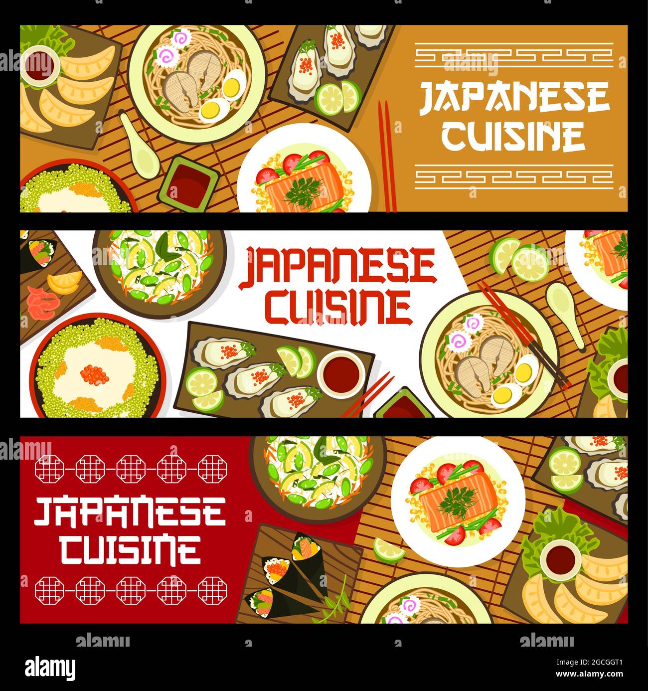 Japanese food cuisine banners, dishes and meals menu, vector. Japan ...