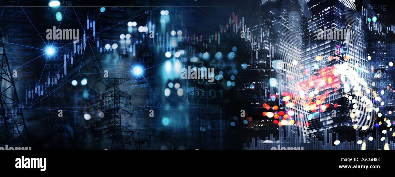 market trading stock index number and graph on red black blue blur city ...