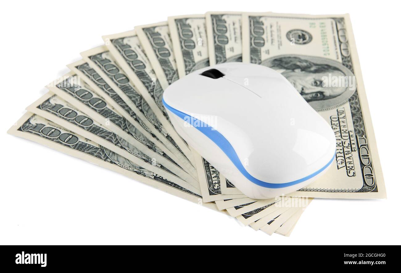 Computer mouse on dollars isolated on white Stock Photo - Alamy