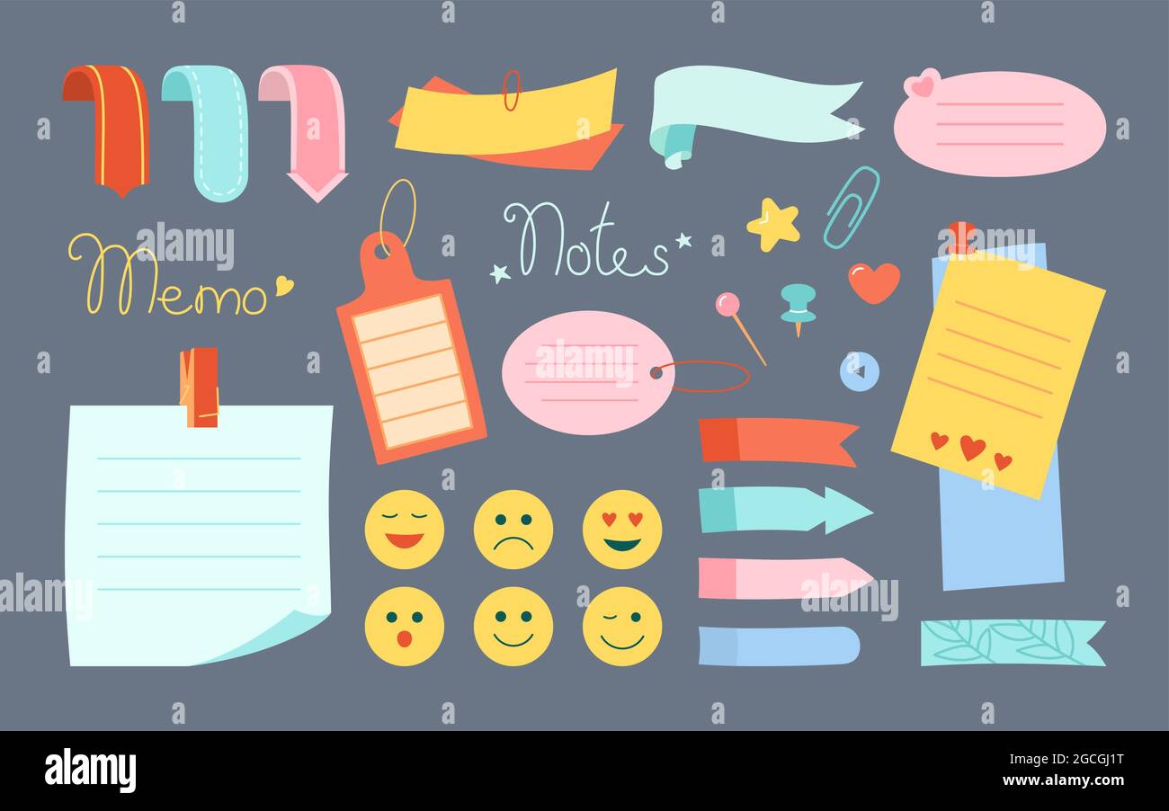 Notebook paper sticky note kawaii set. Blank notes with elements of ...
