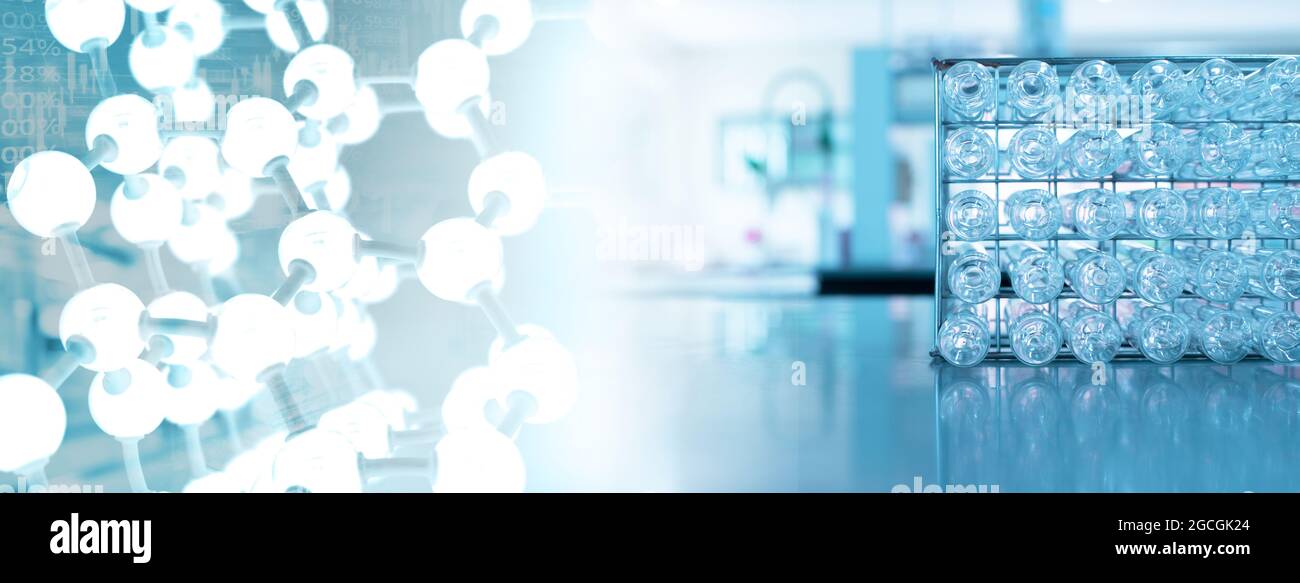 rack of glass test tube with chemical molecular structure in science ...