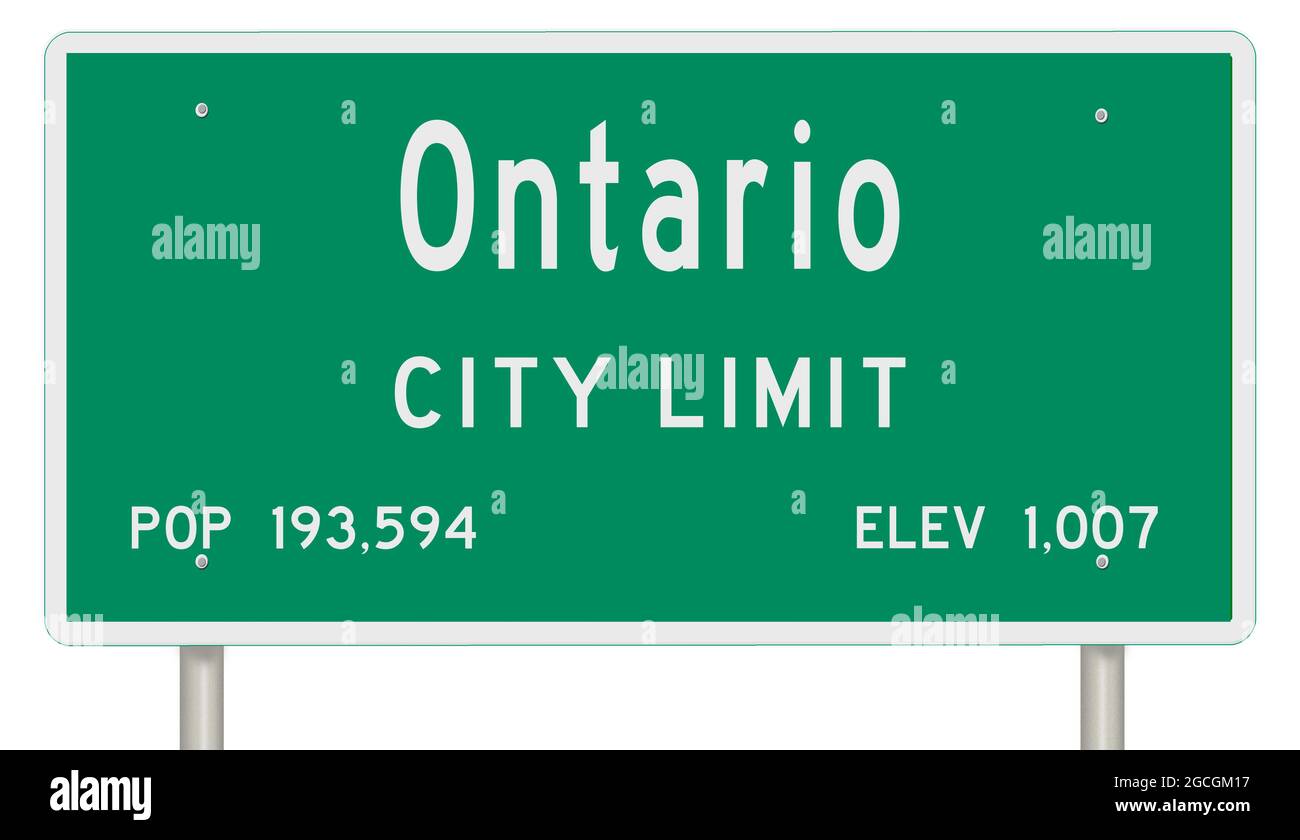 Rendering of a green California highway sign with city information ...