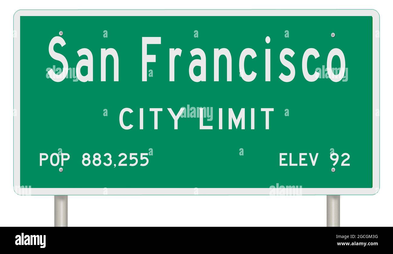 Rendering of a green California highway sign with city information ...