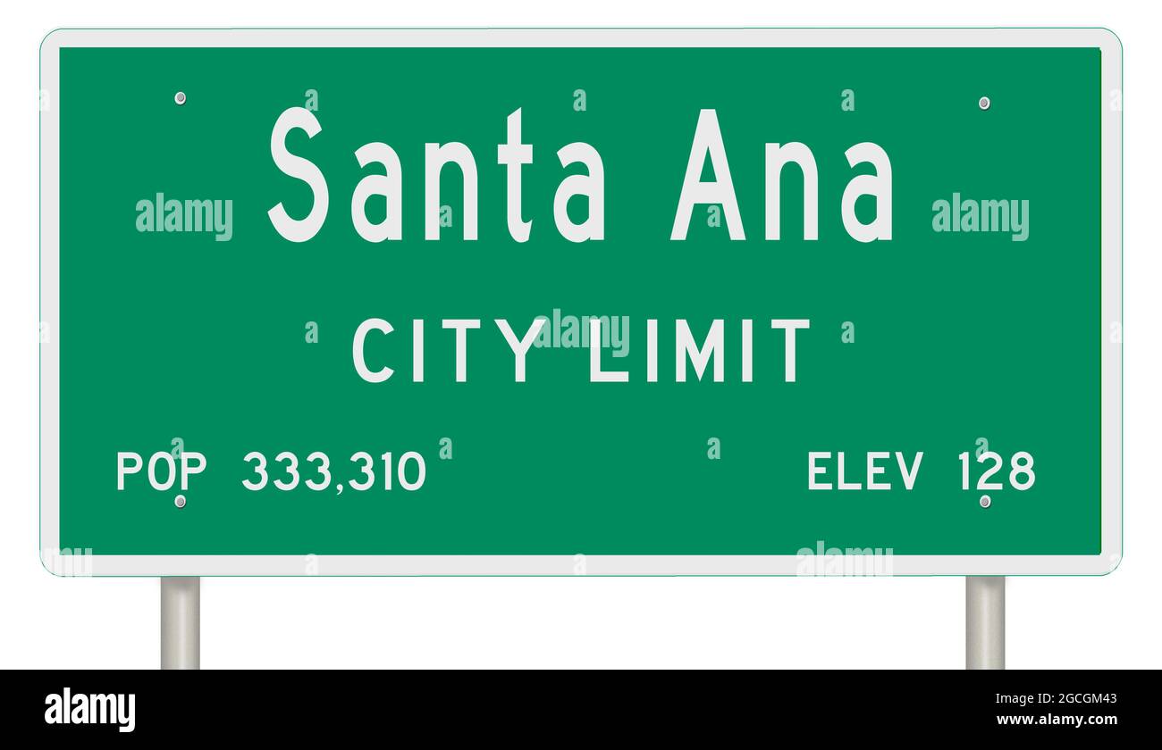 Rendering of a green California highway sign with city information ...