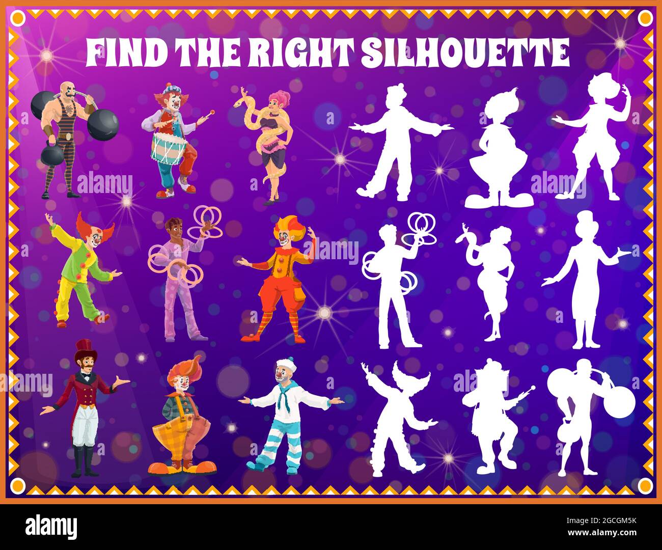 Shadow match kids game with circus performers. Find right silhouette ...