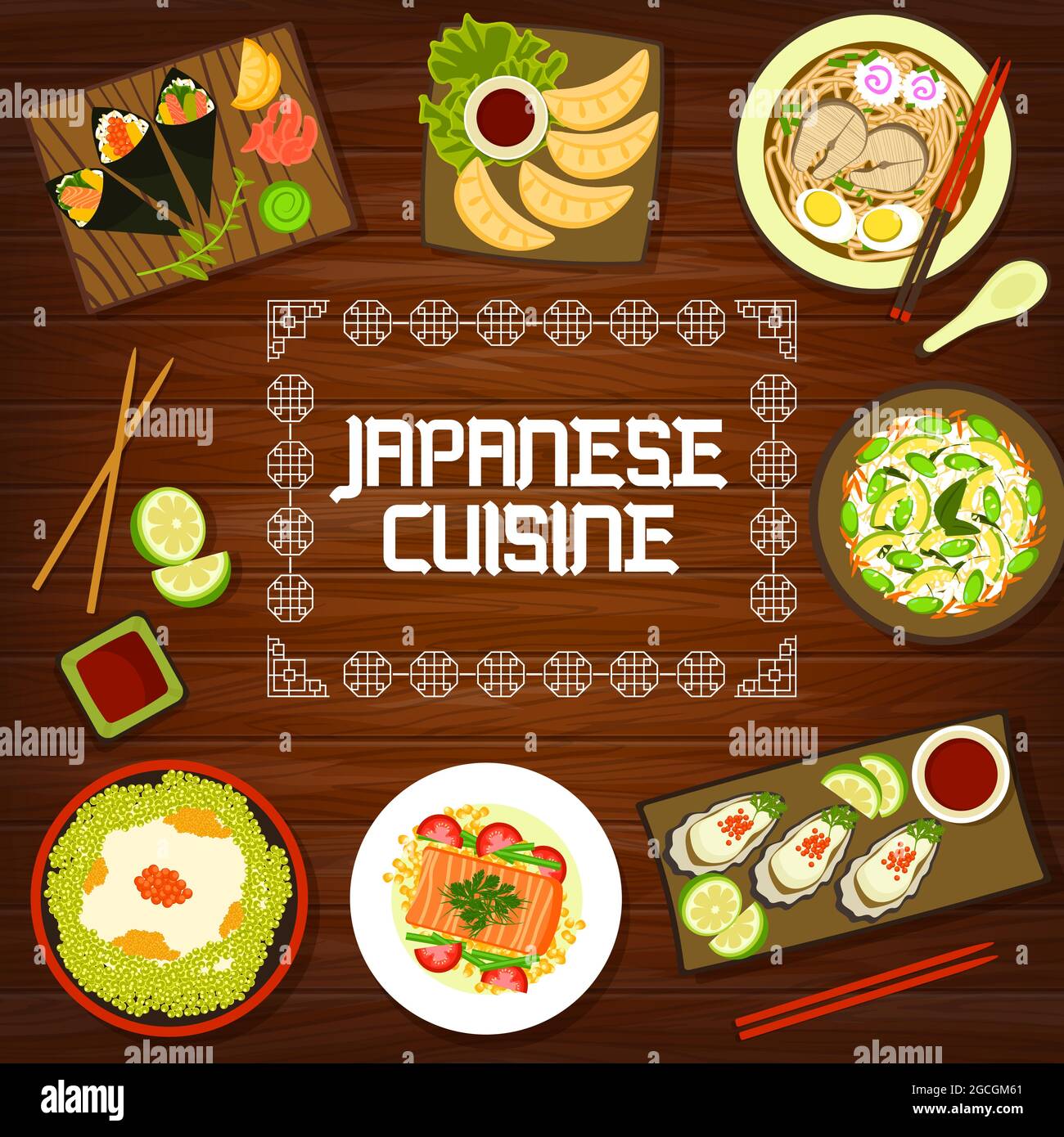 Japanese cuisine menu cover, Asian food dishes and Japan oden bowls ...