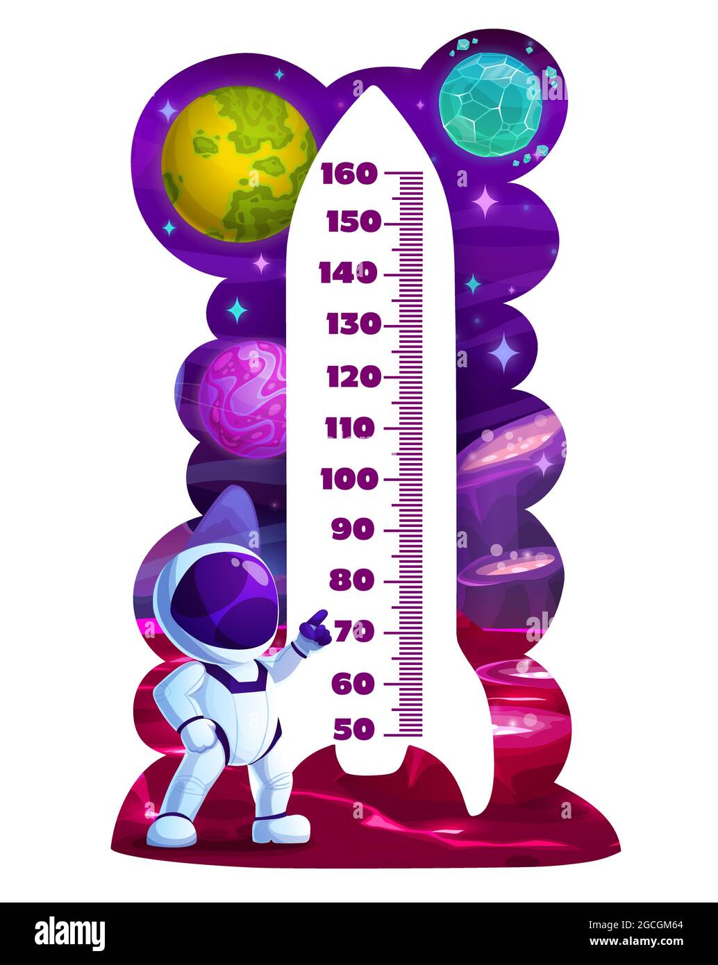 Cartoon spaceship and astronaut kids height chart, growth meter. Vector ...