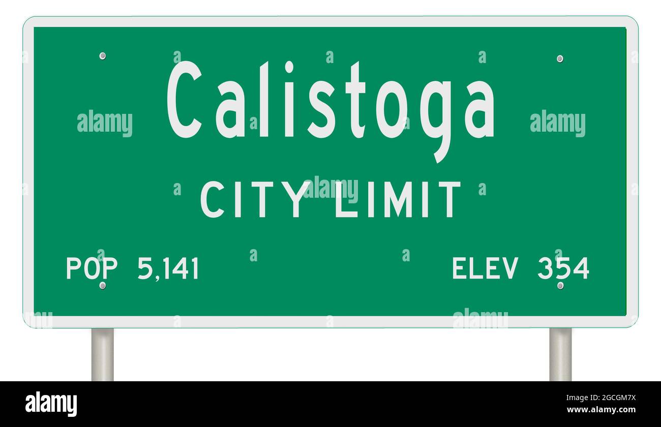 Rendering of a green California highway sign with city information ...