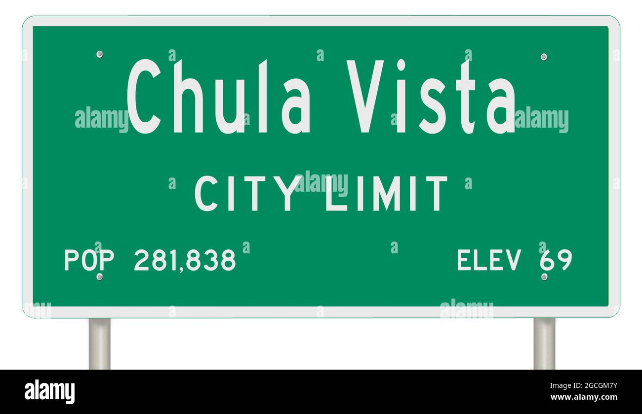 Rendering of a green California highway sign with city information ...