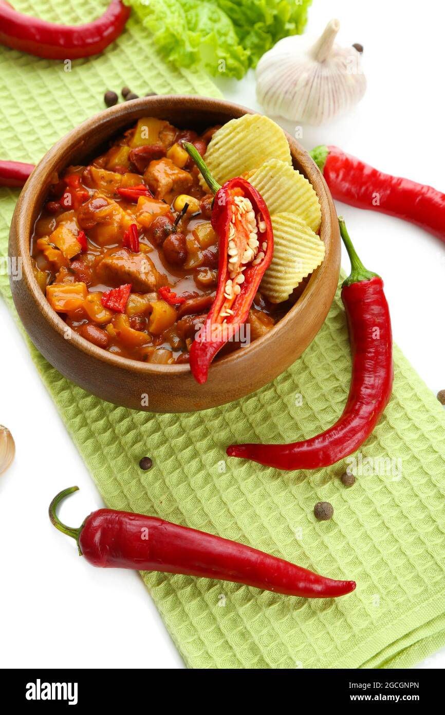 Chili Corn Carne - traditional mexican food, in wooden bowl, on napkin ...