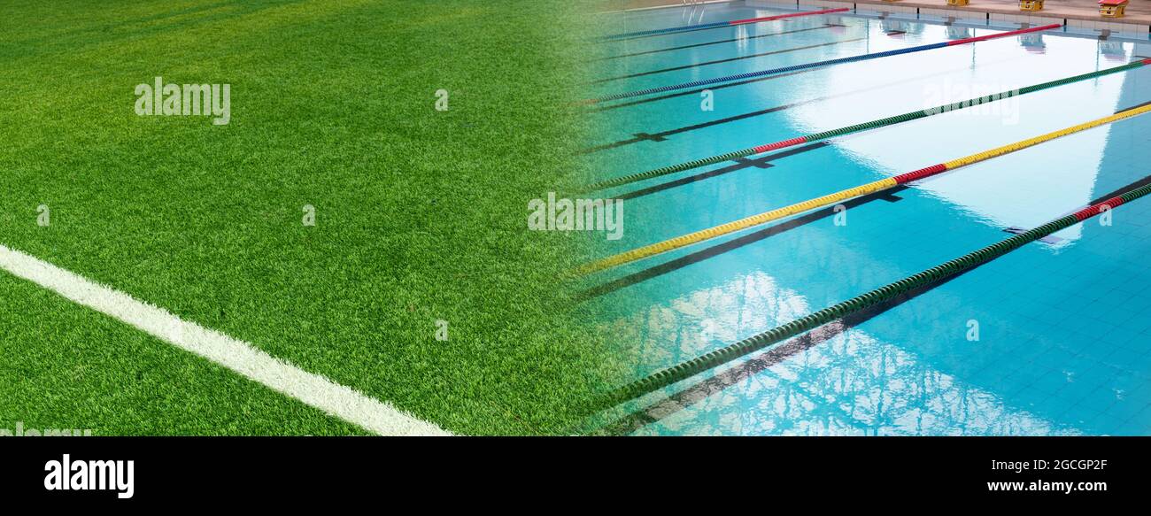 green artificial football field and summer blue swimming pool tract ...