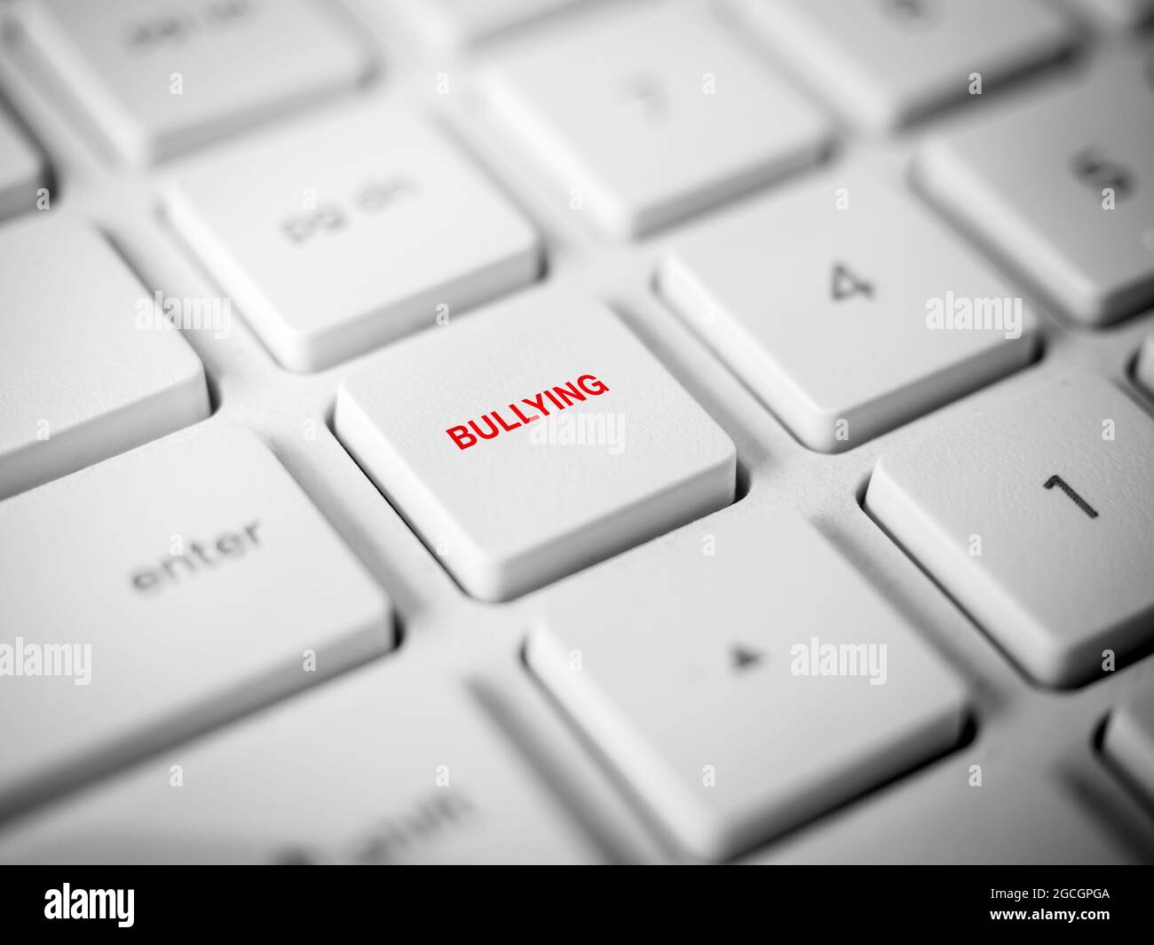 "Bullying," the red words on white button on computer keyboard, close ...