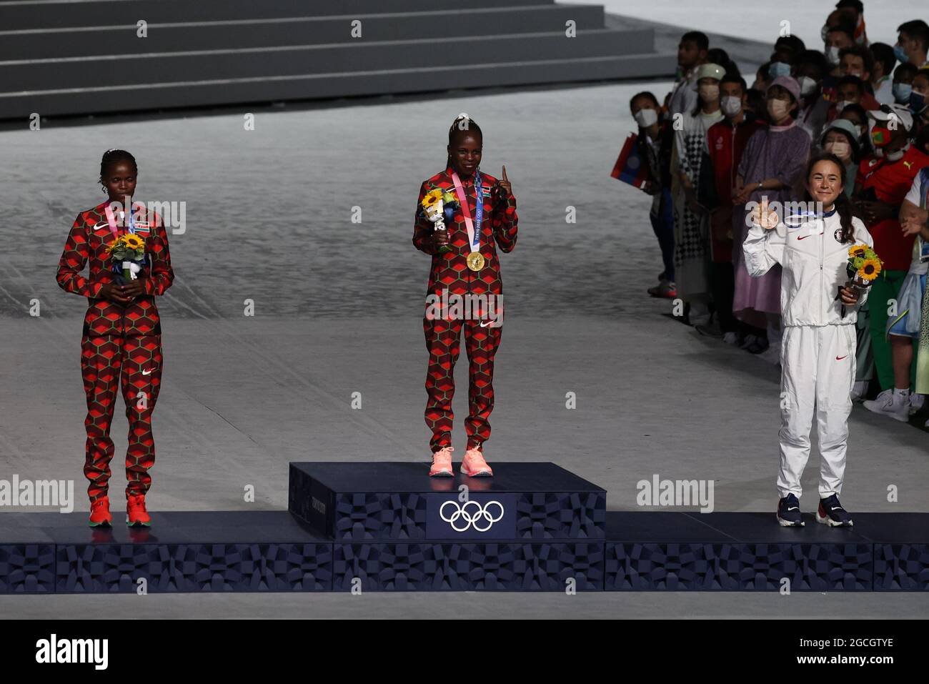 Silver medalist Brigid Kosgei (KEN), gold medalist Peres Jepchirchir ...