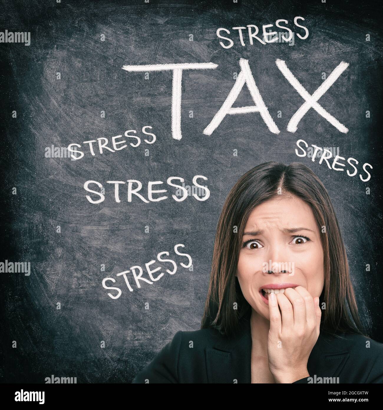 Tax season stress stressed Asian woman biting nails anxious late to ...