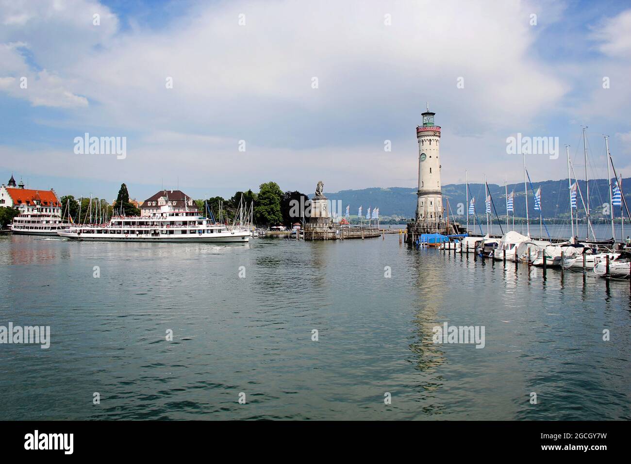 Lindau Port with the Lighthouse and Ship, Bodensee, Germany Stock Photo ...