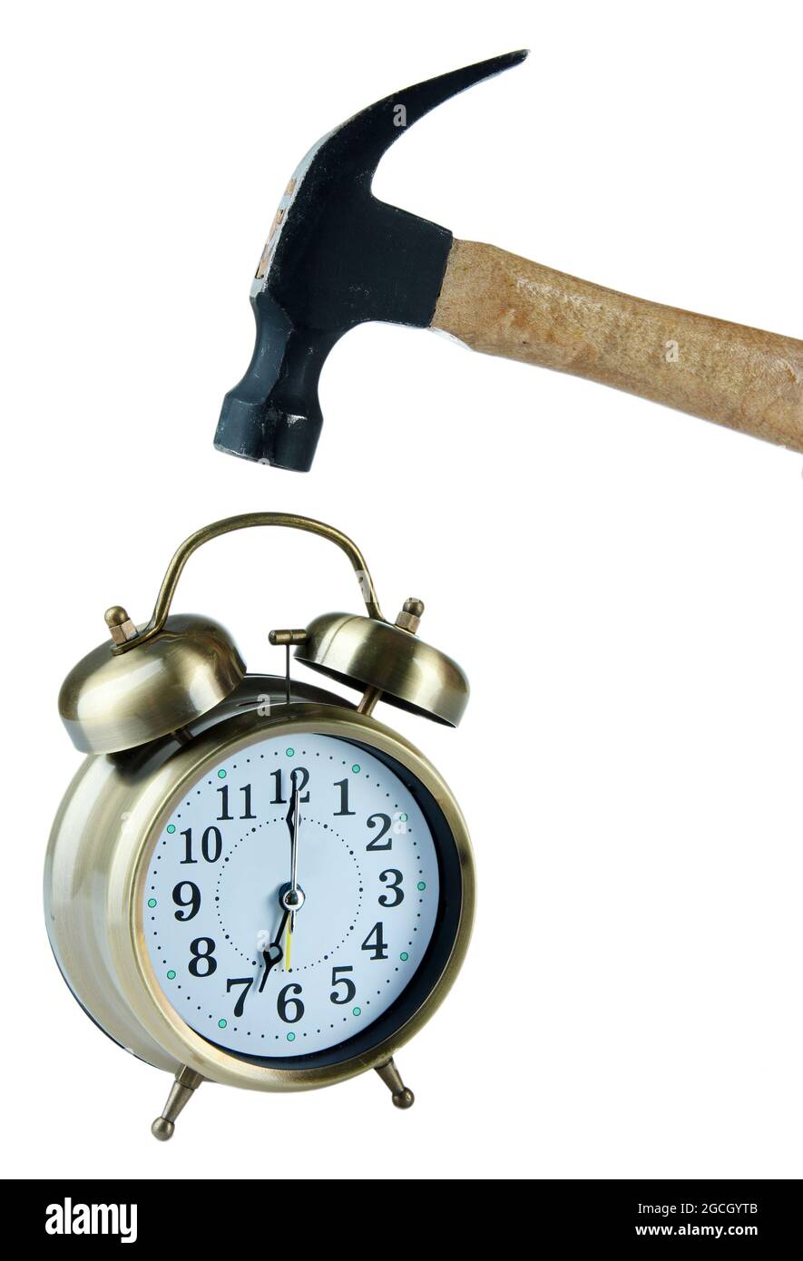 Hammer and alarm clock isolated on white Stock Photo - Alamy